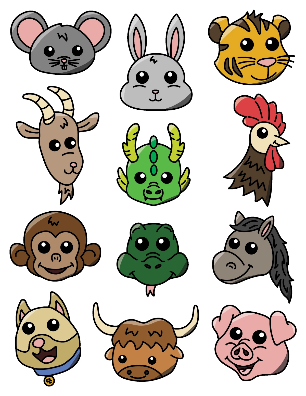 12 Chinese Zodiac Animals Cute 🐉🐇🐍🐅🐀🐎🐏🐒🐓🐕🐖🐑 Clipart Illustration