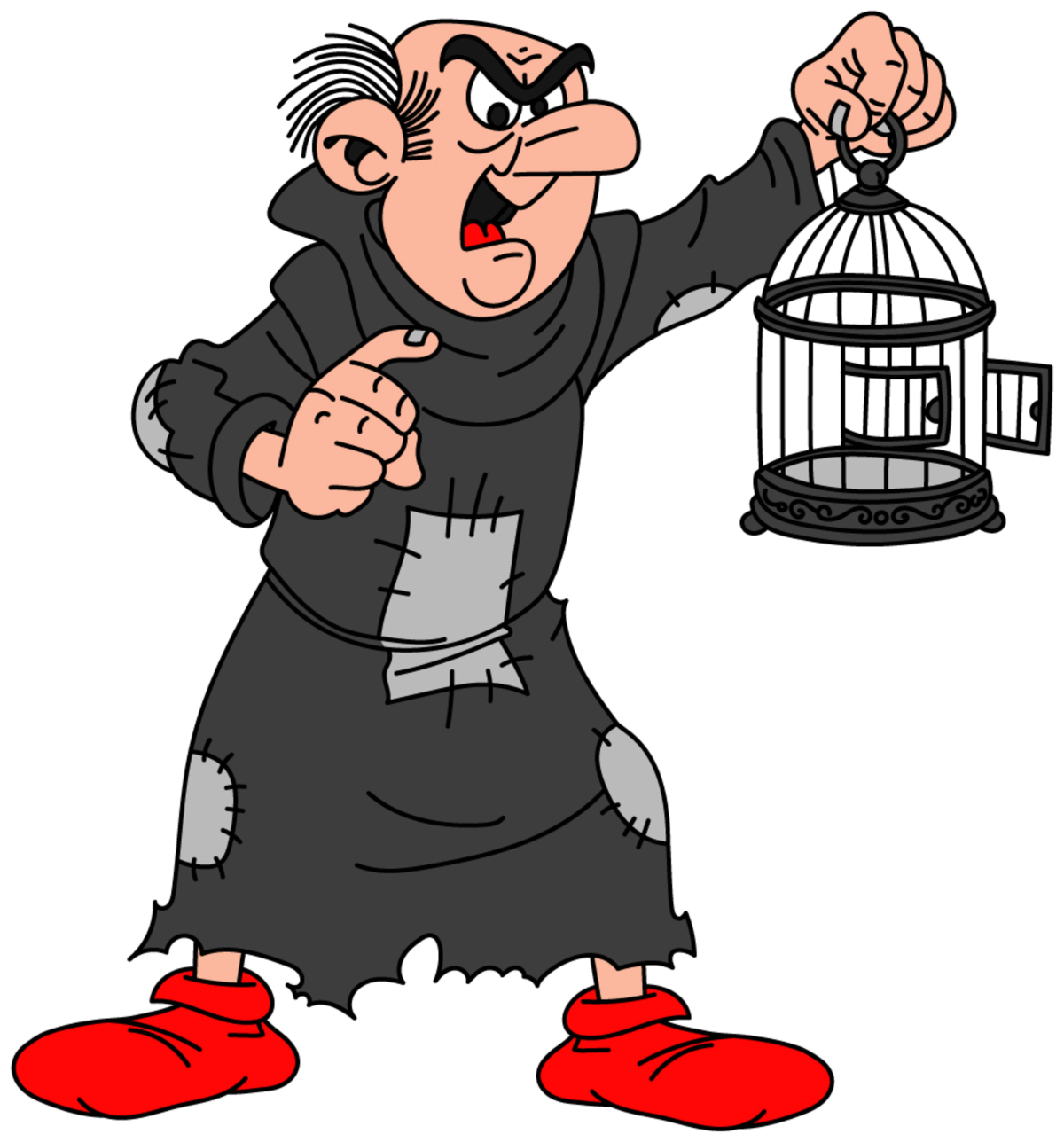 Angry Gargamel with Birdcage and Fist Raised 🧙‍♂️🐦💢 Clipart Illustration