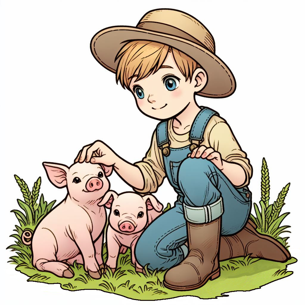 Farmer Boy with Hat Carressing Two Piglets Baby Pigs 🐷👦🌾 Clipart ...