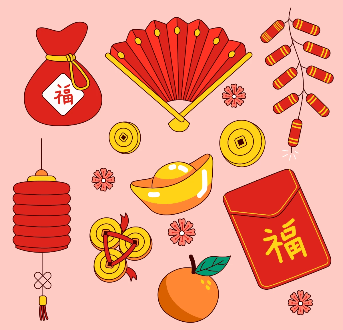 Chinese New Year Symbols: Red Envelope, Gold Ingot, Lantern ...