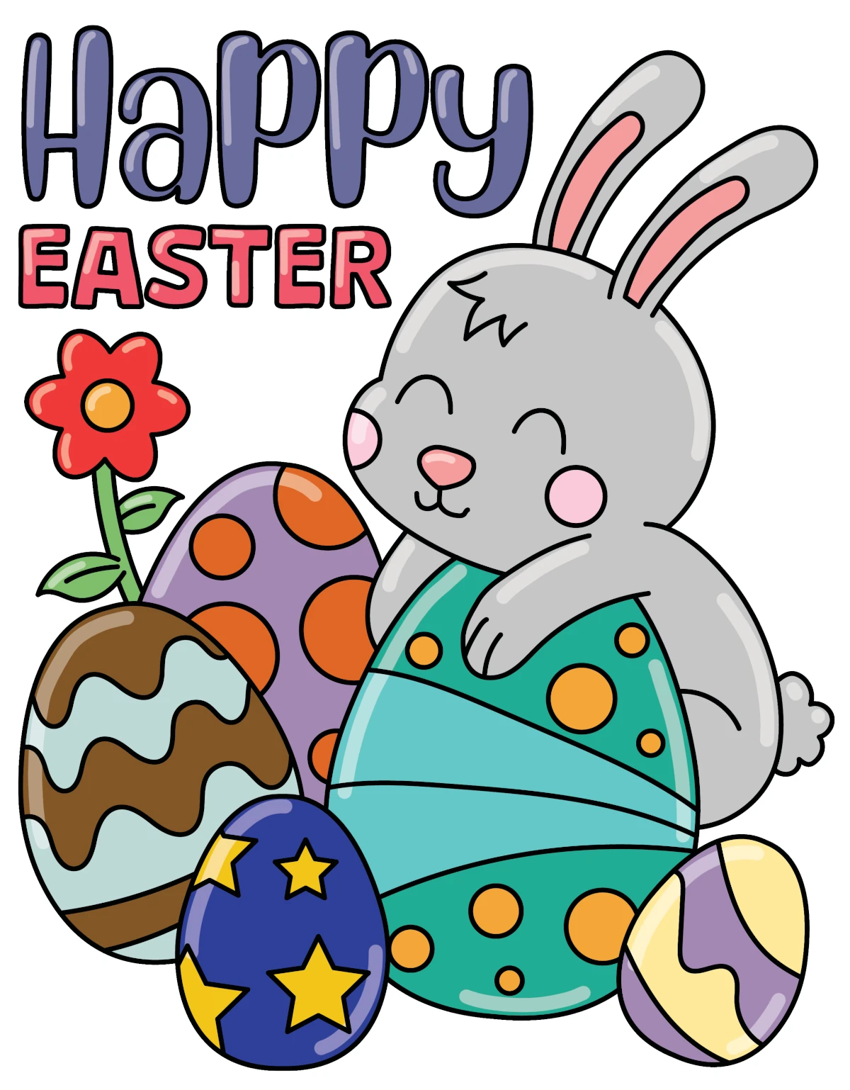 Cute Easter Bunny Hugging Decorated Eggs with Playful Happy Easter Text ...