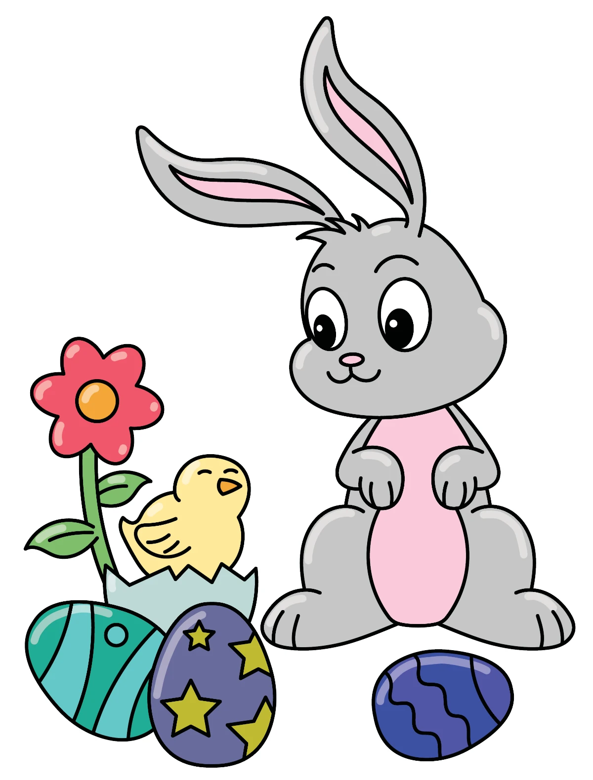 Cute Easter Bunny Looking at Little Chick Hatching from Egg with Flower ...