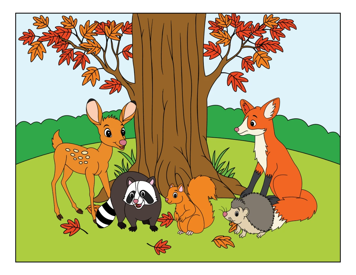 Cute Forest Animals Gathering Under Tree with Autumn Leaves 🍂🦊🍁🦔🦌🌳 ...