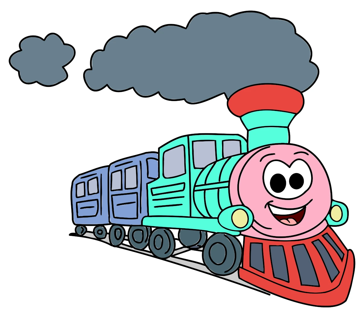 Cute Steam Train with Face, Smoke and Wagons 🚂😊🌫️🛤️ Clipart Illustration