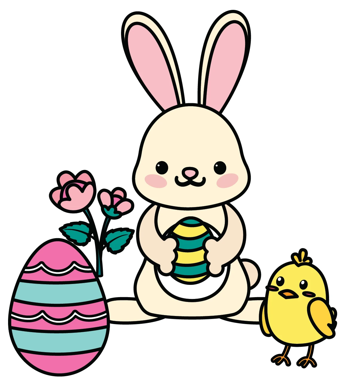 Easter Bunny with Flowers, Easter Eggs and Cute Chick 🐰🌸🥚🐥🎨 Clipart ...