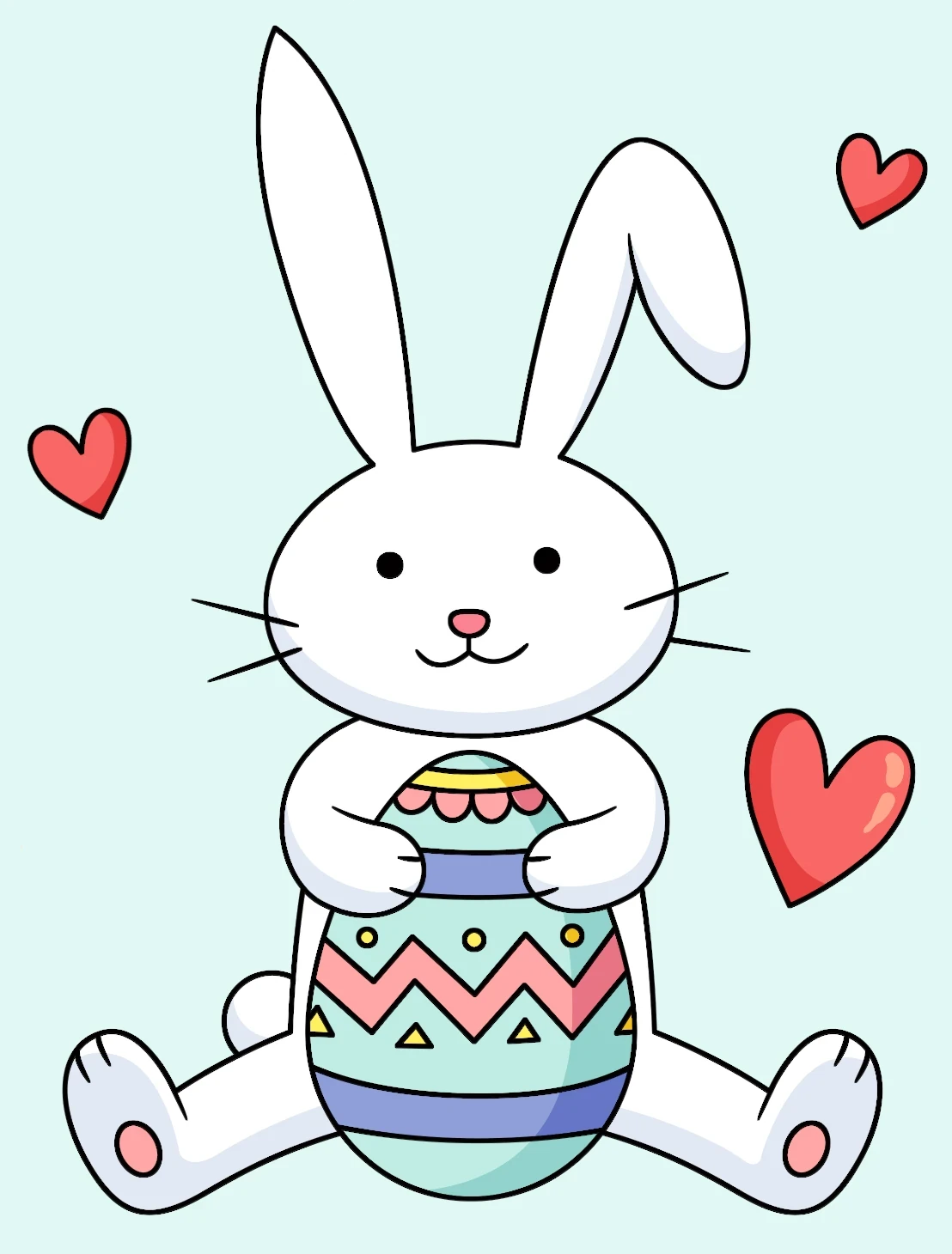 Easter Bunny Sitting and Holding Decorated Easter Egg Surrounded by ...