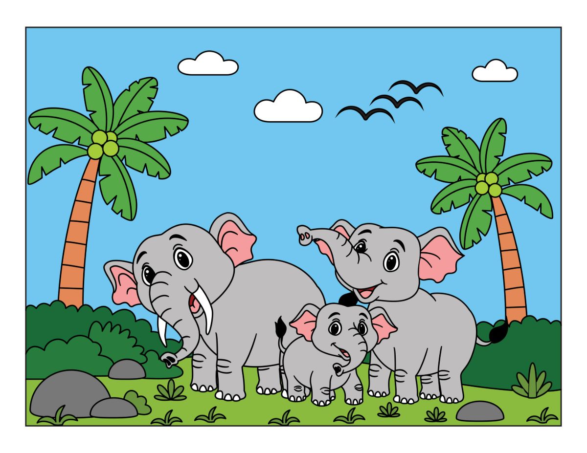 Elephant Family in a Tropical Landscape with Palm Trees and Birds 🐘🌴 ...