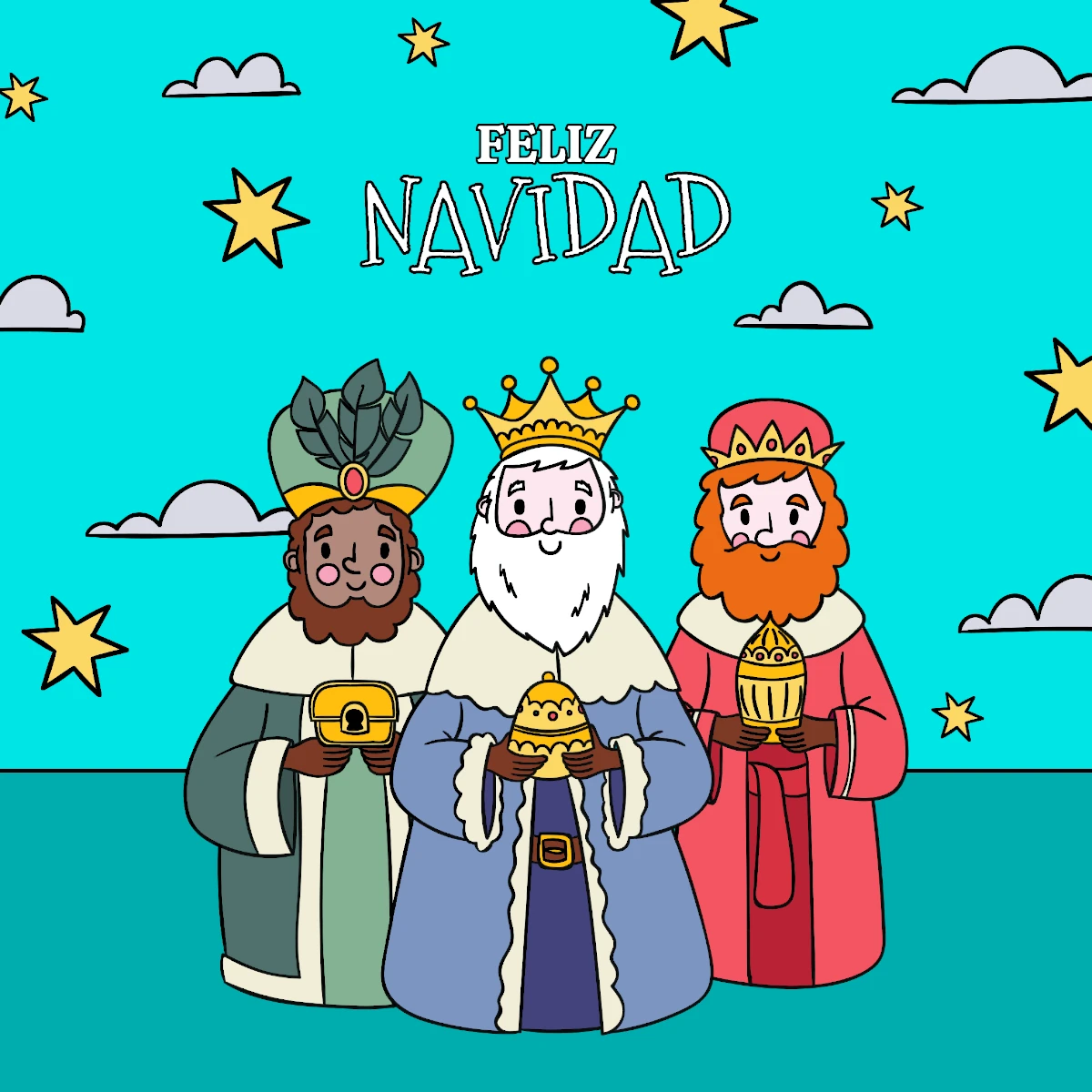 Feliz Navidad - Los Reyes Magos - Three Wise Men Holding Gifts Under ...