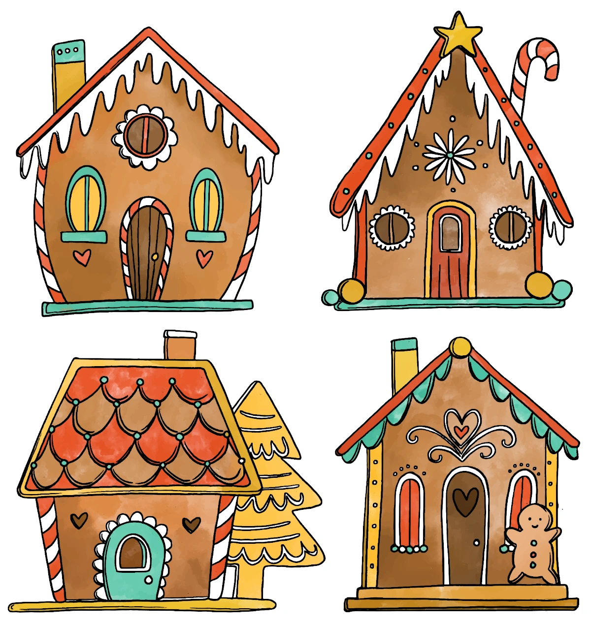 Four Beautiful Gingerbread Houses 🍪🏠🎄 Clipart Illustration