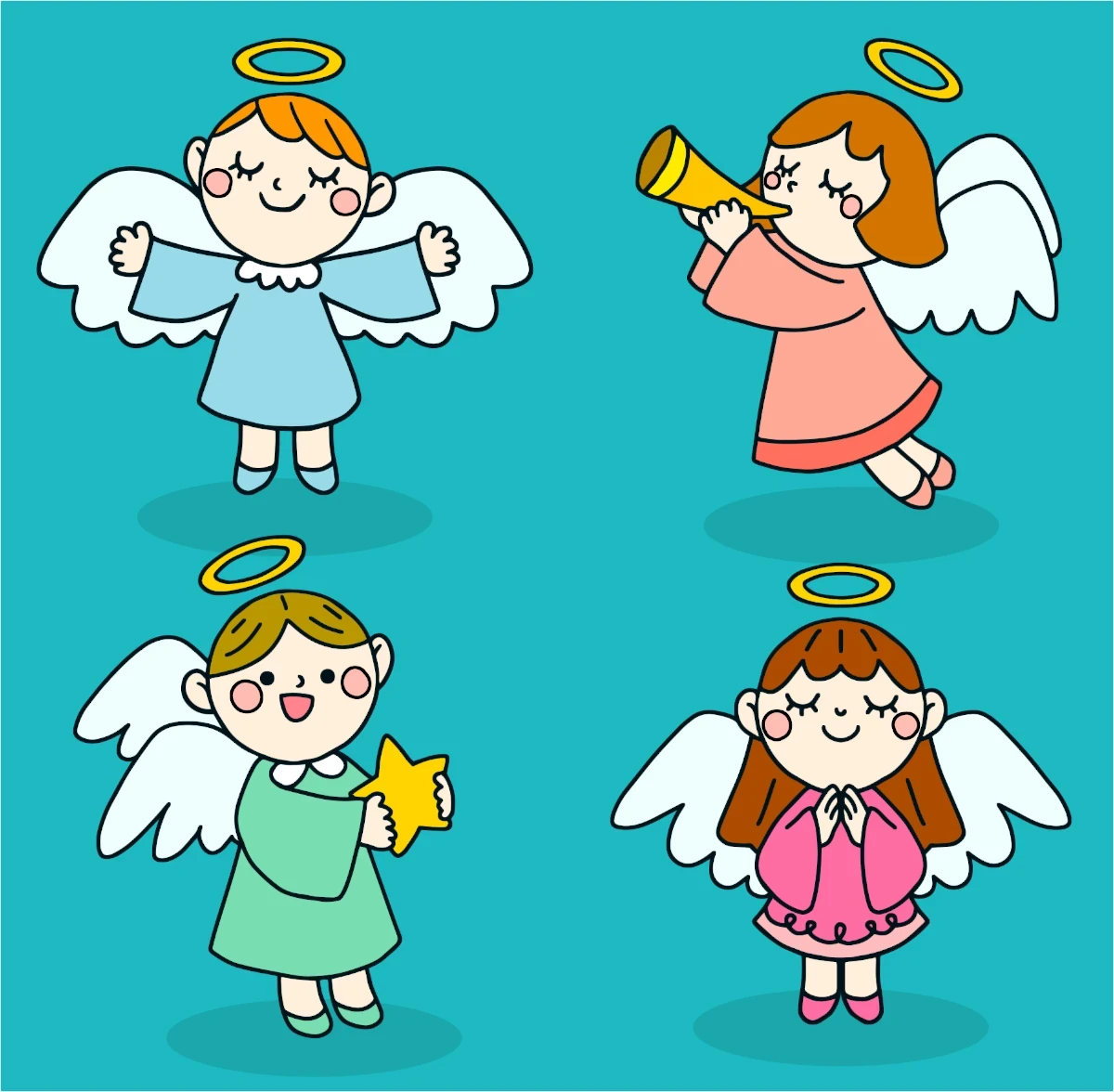 Four Christmas Angel Girls: One Spreading Arms, One Playing Trumpet ...