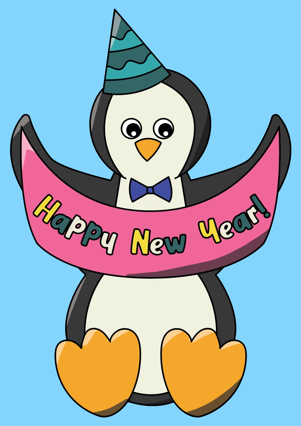 Penguin with Party Hat and Bow Holding Happy New Year Text Banner 🎉🐧🎀 ...