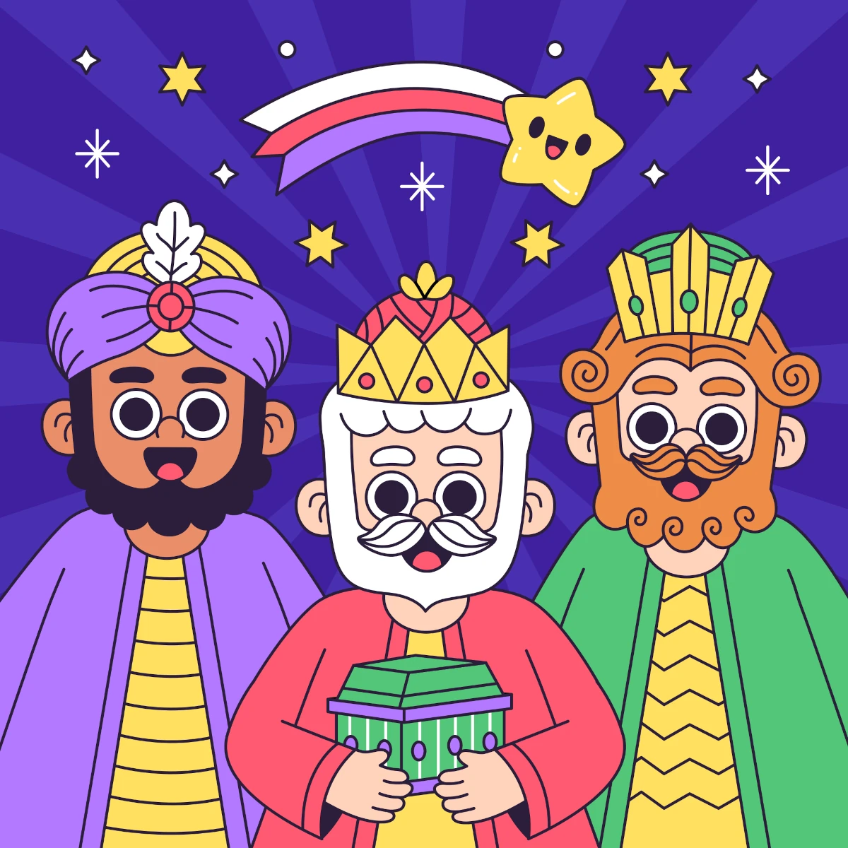 Reyes Magos - Wise Men Holding their Gifts Under Starry Sky with Cute ...