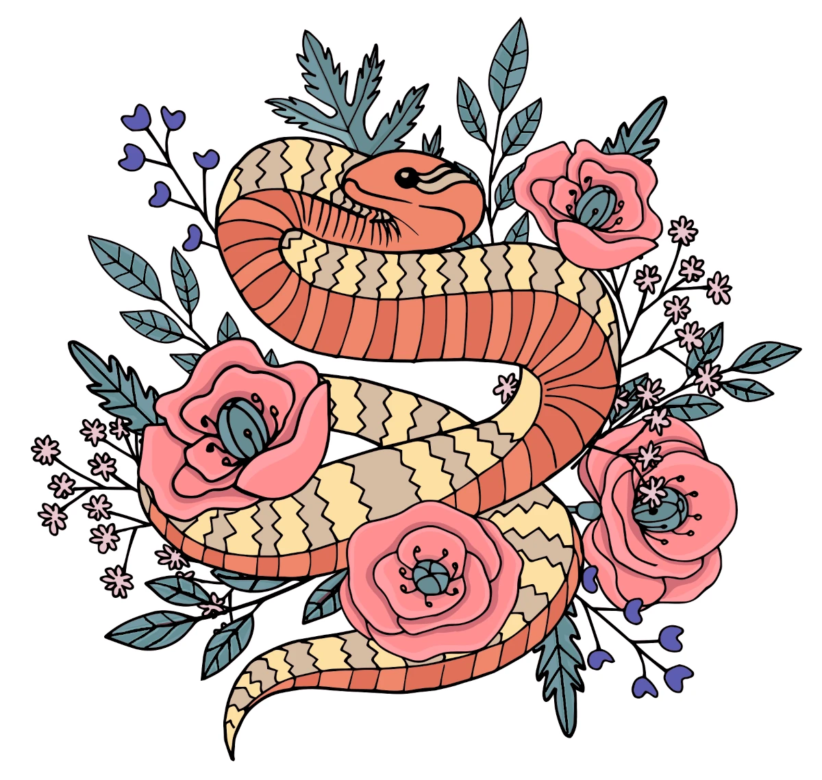 Snake with Flowers and Greens 🐍🌸🍃🎨 Clipart Illustration