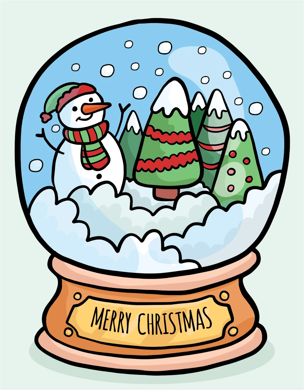 Snow Globe with Happy Snowman and Chirstmas Trees Labelled Merry ...