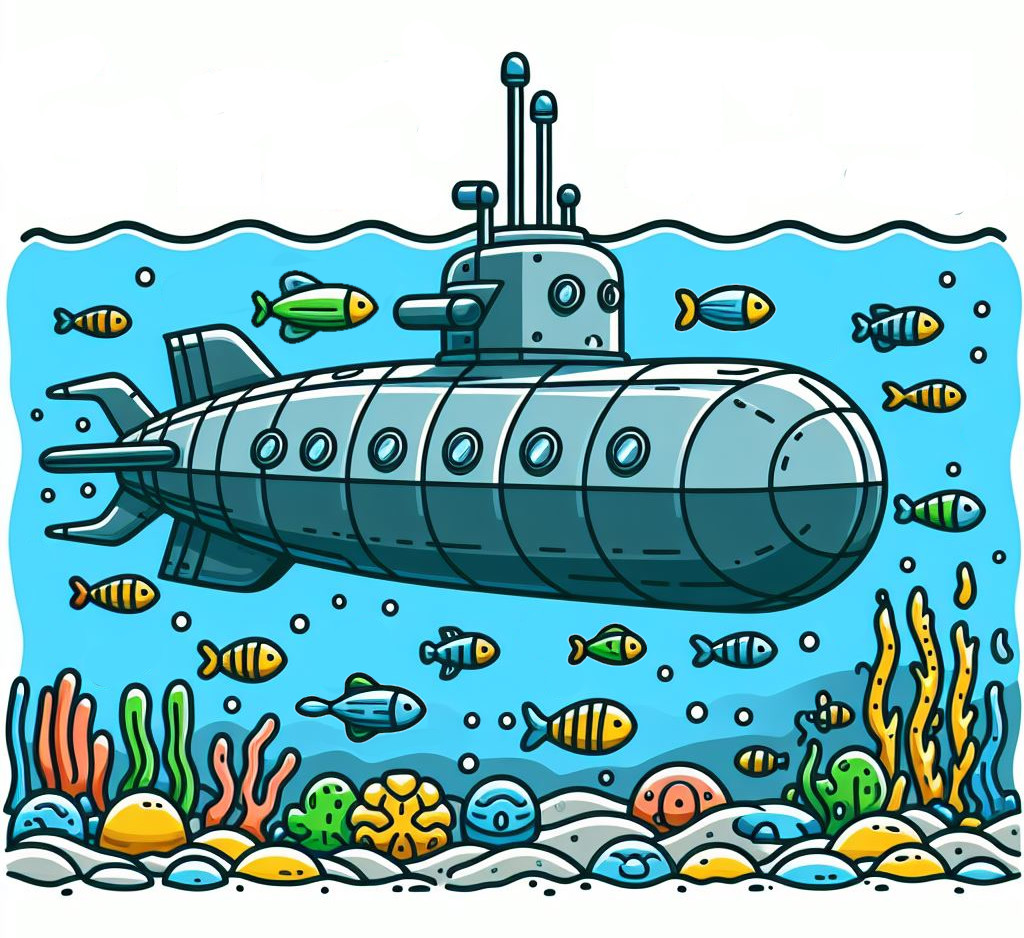 Submarine Boat with Fish Underwater in the Sea 🚢🐟🌊 Clipart Illustration