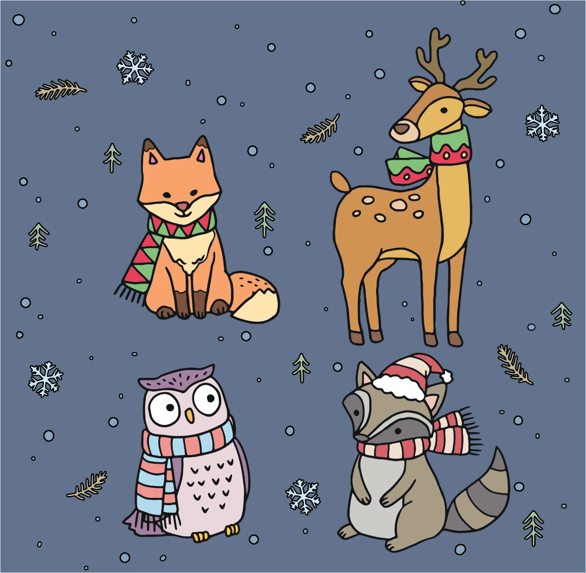 Winter Forest Animals with Scarfs: Fox, Deer, Owl and Raccoon with Hat ...