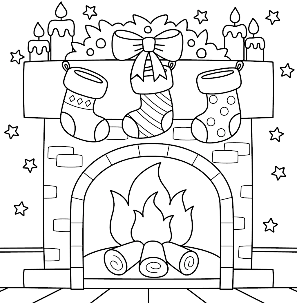 Cozy Fireplace with Candles, Bow and Stockings 🔥🎄🕯️🎅 Coloring Page