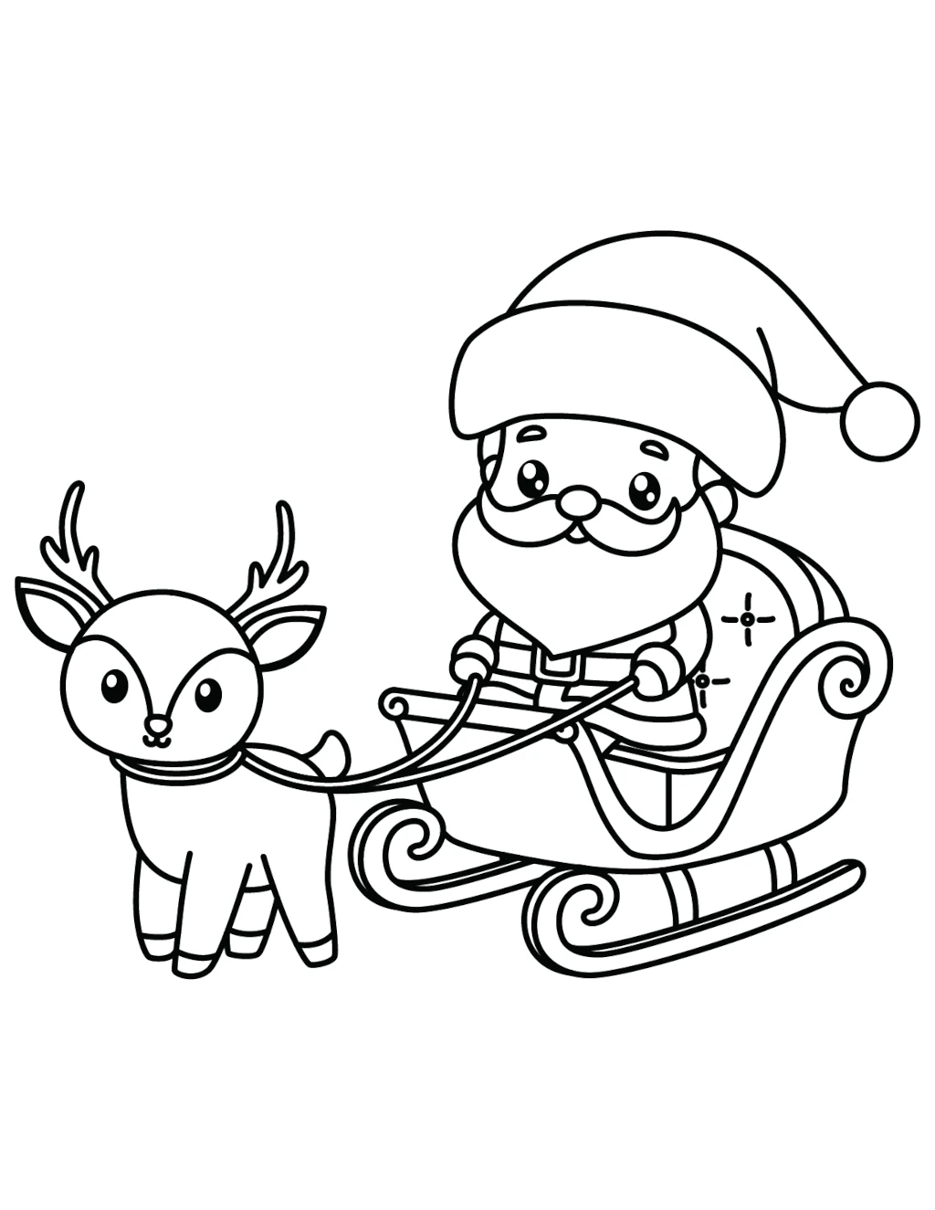 Cute Santa on Sleigh Pulled by Reindeer 🎅🦌 Coloring Page