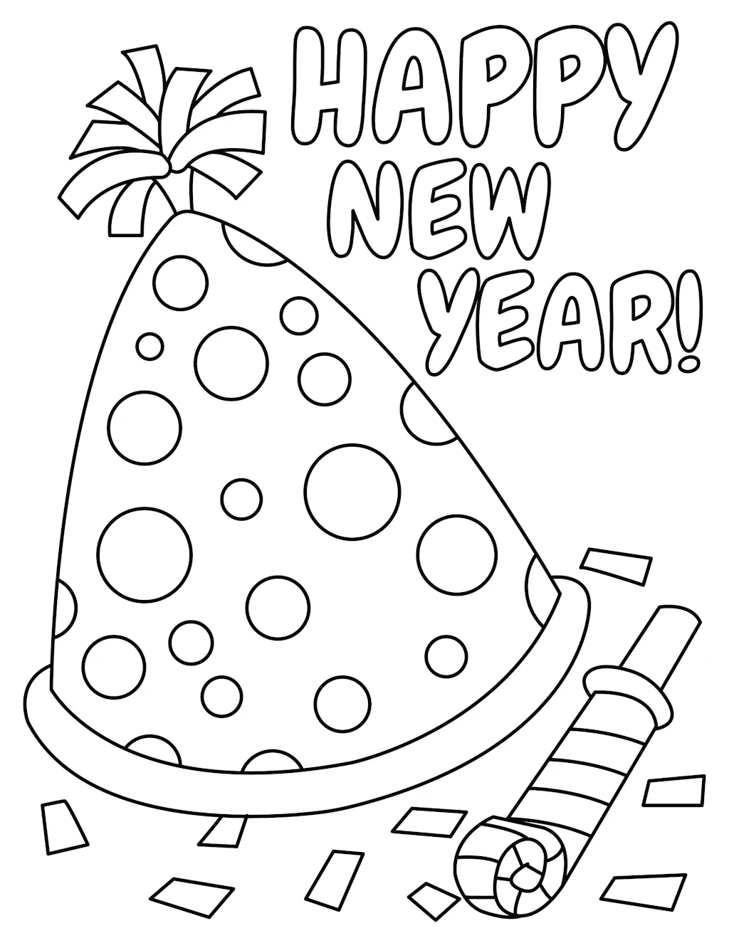 Happy New Year! Party Hat with Polka Dots and Party Blower 🎉🎶 Coloring Page