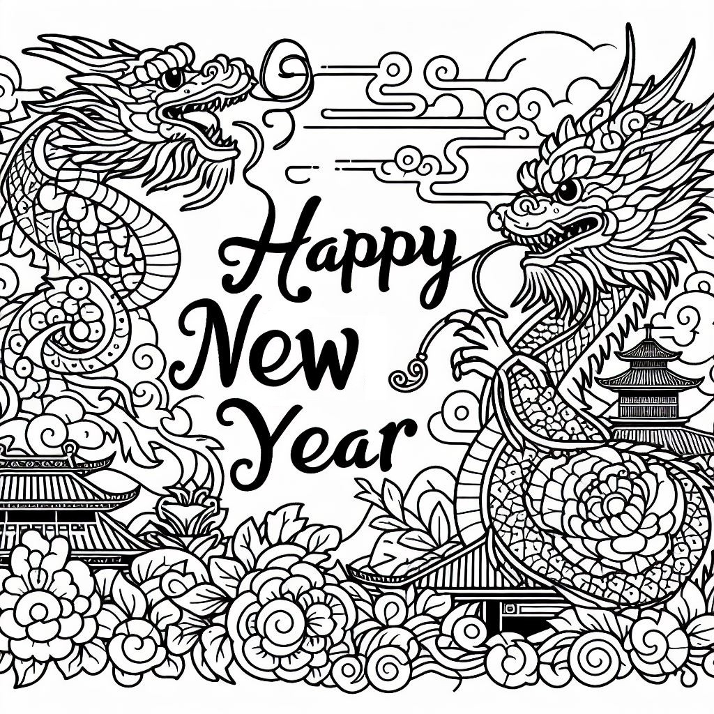 Happy Chinese New Year Dragon 🐉🧧 Coloring Page