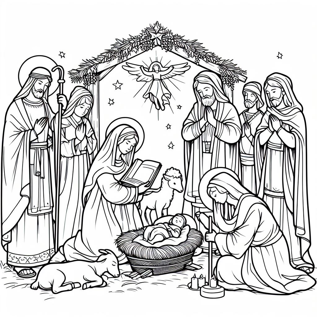 Nativity Scene Birth of Christ 🌟👶 Coloring Page