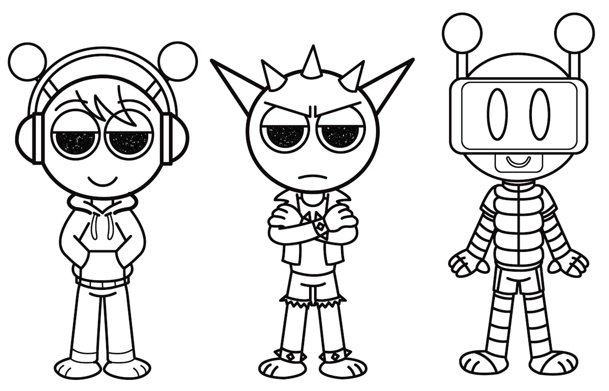 Sprunki Characters – Oren 😎, Raddy 😈, and Funbot 🤖 Coloring Page