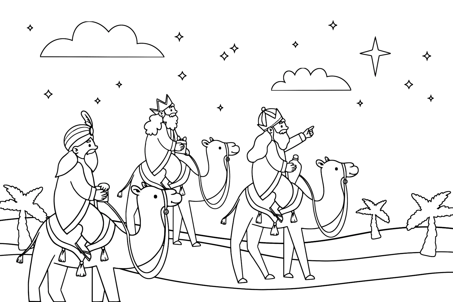 The Three Wise Men on their Camels Following the Star ๐๐ชโญ๐ Coloring Page The Three Wise Men on their Camels Following the Star ๐๐ชโญ๐ Coloring Page